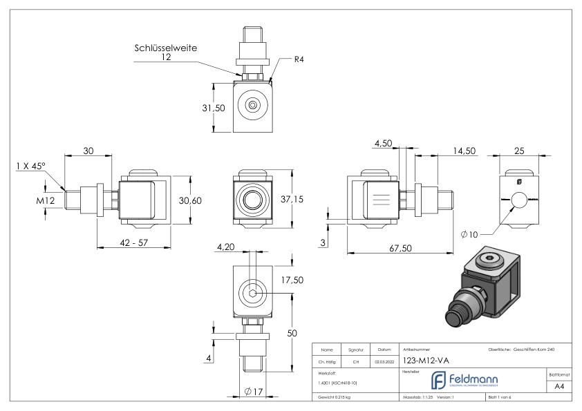 Verstellbares Torband mit Gewindehülse M12, V2A | 123-M12-VA